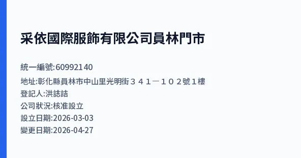 采依國際服飾有限公司員林門市的照片-統編 60992140(彰化縣) 公司登記資料與營業項目詳細圖表