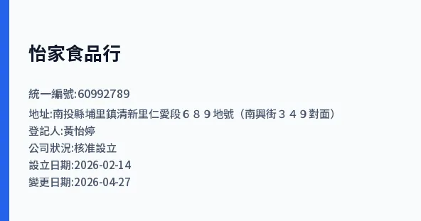 怡家食品行的照片-統編 60992789(南投縣) 公司登記資料與營業項目詳細圖表