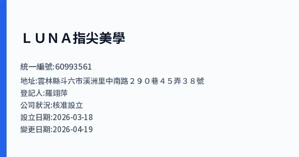 LUNA指尖美學的照片-統編 60993561(雲林縣) 公司登記資料與營業項目詳細圖表