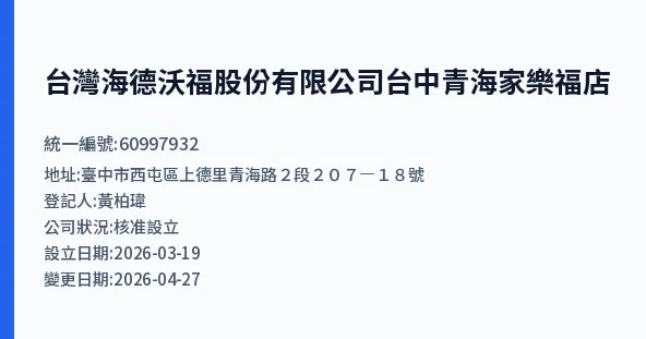 台灣海德沃福股份有限公司台中青海店的照片-統編 60997932(臺中市) 公司登記資料與營業項目詳細圖表