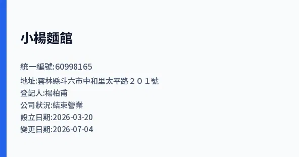 小楊麵館的照片-統編 60998165(雲林縣) 公司登記資料與營業項目詳細圖表