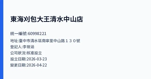 東海刈包大王清水中山店的照片-統編 60998221(臺中市) 公司登記資料與營業項目詳細圖表