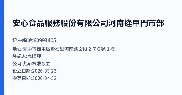安心食品服務股份有限公司河南逢甲門市部的照片-統編 60998405(臺中市) 公司登記資料與營業項目詳細圖表
