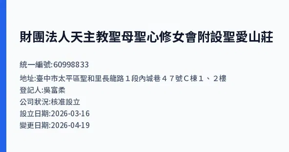 財團法人天主教聖母聖心修女會附設聖愛山莊的照片-統編 60998833(臺中市) 公司登記資料與營業項目詳細圖表