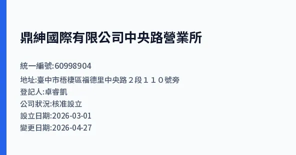 鼎紳國際有限公司中央路營業所的照片-統編 60998904(臺中市) 公司登記資料與營業項目詳細圖表