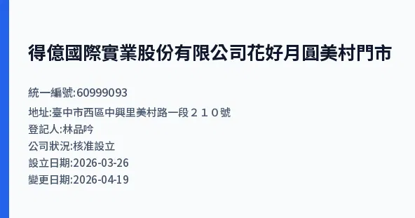 得億國際實業股份有限公司花好月圓美村門市的照片-統編 60999093(臺中市) 公司登記資料與營業項目詳細圖表