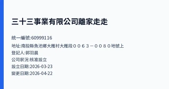 三十三事業有限公司離家走走的照片-統編 60999116(南投縣) 公司登記資料與營業項目詳細圖表