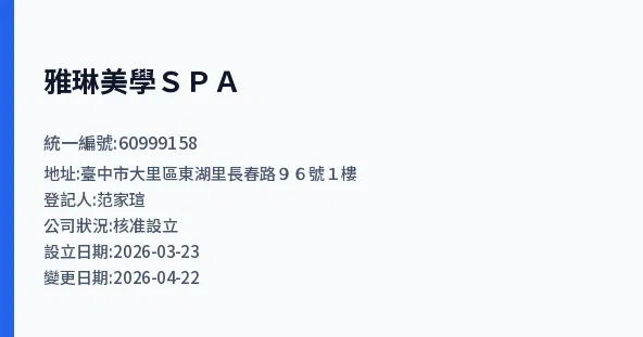 雅琳美學SPA的照片-統編 60999158(臺中市) 公司登記資料與營業項目詳細圖表