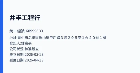 井丰工程行的照片-統編 60999333(臺中市) 公司登記資料與營業項目詳細圖表