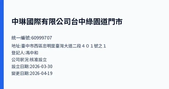 中琳國際有限公司台中綠園道門市的照片-統編 60999707(臺中市) 公司登記資料與營業項目詳細圖表