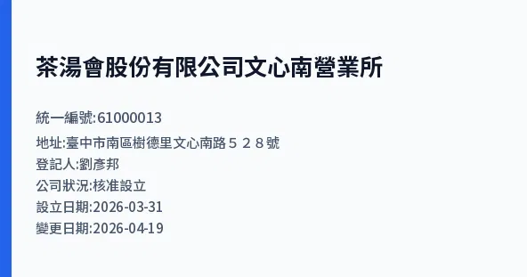 茶湯會股份有限公司文心南營業所的照片-統編 61000013(臺中市) 公司登記資料與營業項目詳細圖表