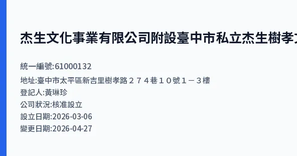 杰生文化事業有限公司附設臺中市私立杰生樹孝文理短期補習班的照片-統編 61000132(臺中市) 公司登記資料與營業項目詳細圖表