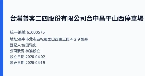 台灣普客二四股份有限公司台中昌平山西停車場的照片-統編 61000576(臺中市) 公司登記資料與營業項目詳細圖表