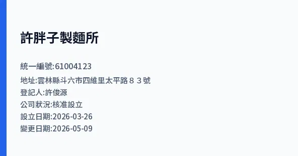 許胖子製麵所的照片-統編 61004123(雲林縣) 公司登記資料與營業項目詳細圖表
