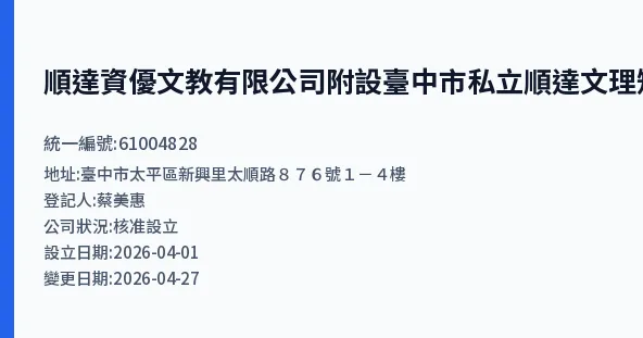 順達資優文教有限公司附設臺中市私立順達文理短期補期班的照片-統編 61004828(臺中市) 公司登記資料與營業項目詳細圖表