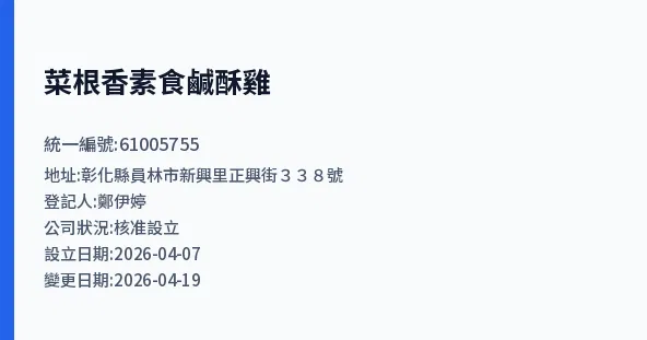 菜根香素食鹹酥雞的照片-統編 61005755(彰化縣) 公司登記資料與營業項目詳細圖表
