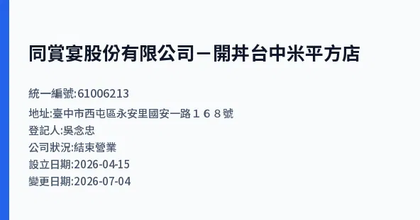 同賞宴股份有限公司-開丼台中米平方店的照片-統編 61006213(臺中市) 公司登記資料與營業項目詳細圖表