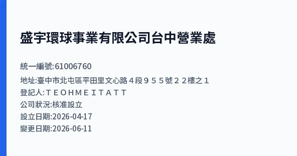 盛宇環球事業有限公司台中營業處的照片-統編 61006760 公司登記資料與營業項目詳細圖表