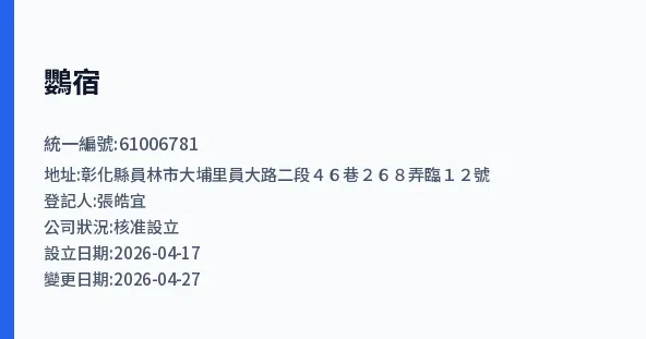鸚宿的照片-統編 61006781(彰化縣) 公司登記資料與營業項目詳細圖表