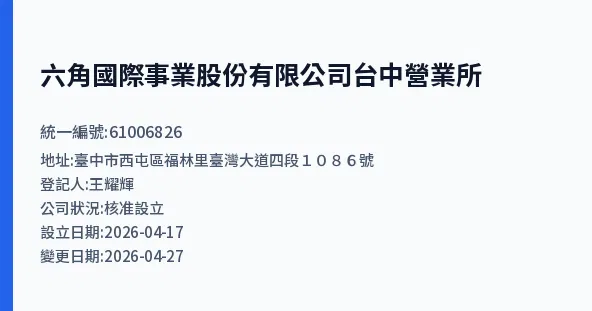 六角國際事業股份有限公司台中營業所的照片-統編 61006826(臺中市) 公司登記資料與營業項目詳細圖表