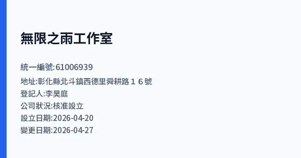 無限之雨工作室的照片-統編 61006939(彰化縣) 公司登記資料與營業項目詳細圖表