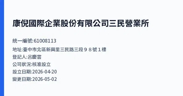 康倪國際企業股份有限公司三民營業所的照片-統編 61008113(臺中市) 公司登記資料與營業項目詳細圖表