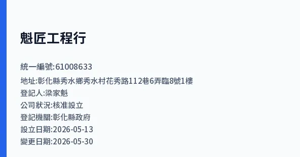 魁匠工程行的照片-統編 61008633(彰化縣) 公司登記資料與營業項目詳細圖表