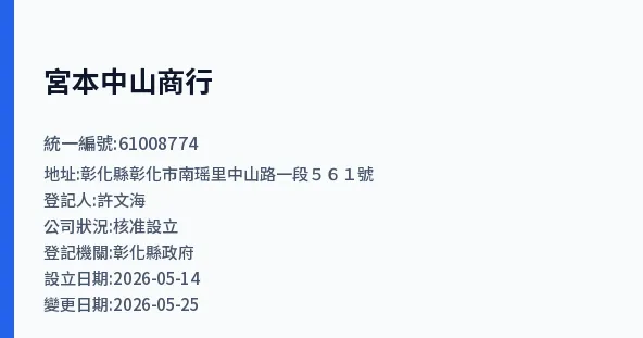 宮本中山商行的照片-統編 61008774(彰化縣) 公司登記資料與營業項目詳細圖表