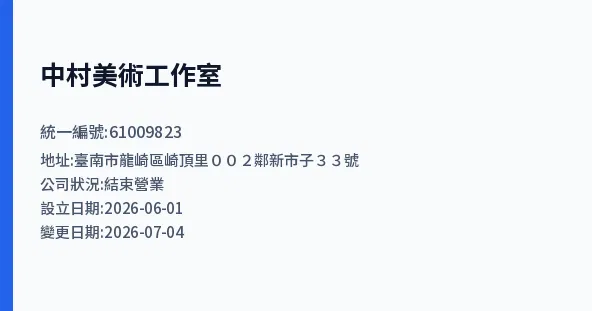 中村美術工作室的照片-統編 61009823(臺南市) 公司登記資料與營業項目詳細圖表
