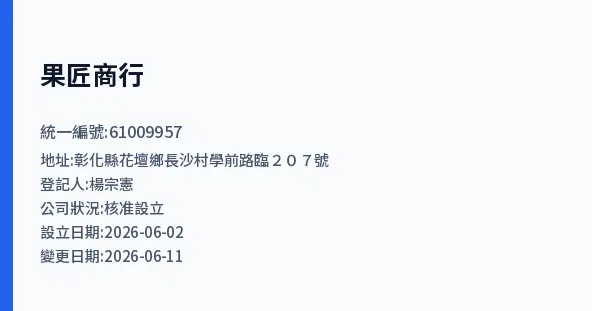 果匠商行的照片-統編 61009957(彰化縣) 公司登記資料與營業項目詳細圖表