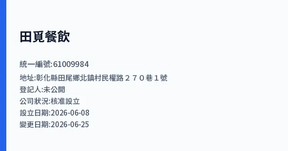 田覓餐飲的照片-統編 61009984(彰化縣) 公司登記資料與營業項目詳細圖表