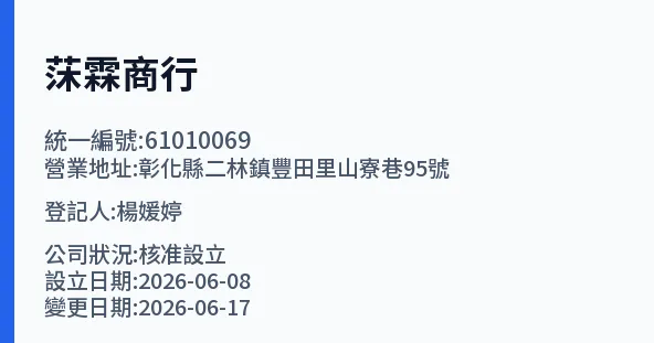 莯霖商行的照片-統編 61010069(彰化縣) 公司登記資料與營業項目詳細圖表