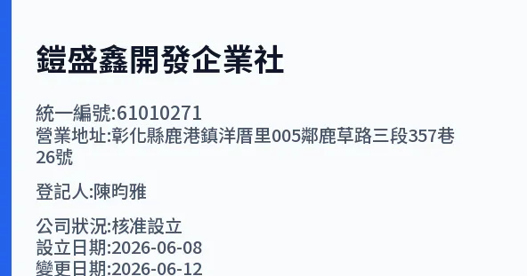 鎧盛鑫開發企業社的照片-統編 61010271(彰化縣) 公司登記資料與營業項目詳細圖表