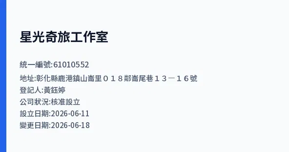 星光奇旅工作室的照片-統編 61010552(彰化縣) 公司登記資料與營業項目詳細圖表