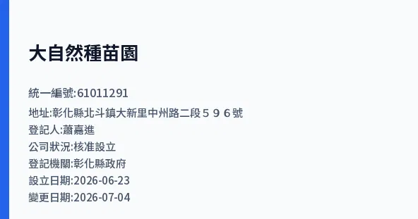 大自然種苗園的照片-統編 61011291(彰化縣) 公司登記資料與營業項目詳細圖表