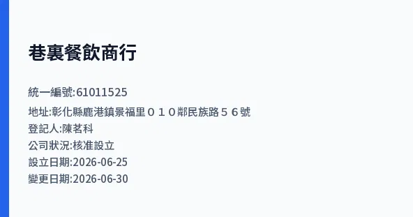 巷裏餐飲商行的照片-統編 61011525(彰化縣) 公司登記資料與營業項目詳細圖表
