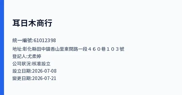 耳日木商行的照片-統編 61012398(彰化縣) 公司登記資料與營業項目詳細圖表