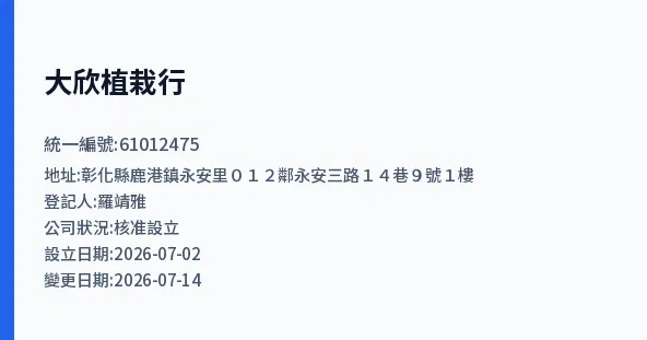 大欣植栽行的照片-統編 61012475(彰化縣) 公司登記資料與營業項目詳細圖表