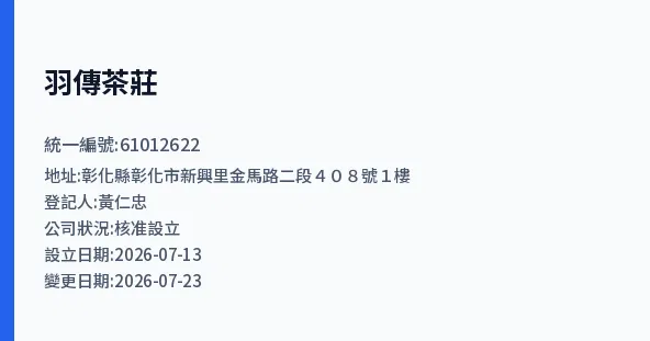 羽傳茶莊的照片-統編 61012622(彰化縣) 公司登記資料與營業項目詳細圖表