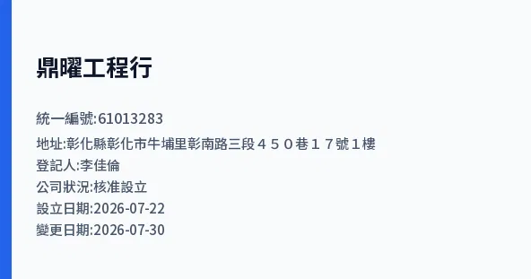 鼎曜工程行的照片-統編 61013283(彰化縣) 公司登記資料與營業項目詳細圖表