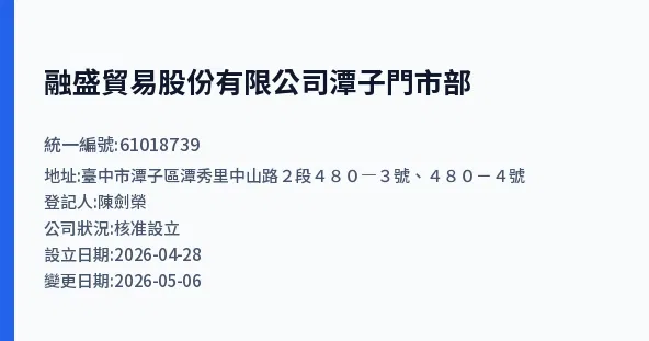 融盛貿易股份有限公司潭子門市部的照片-統編 61018739(臺中市) 公司登記資料與營業項目詳細圖表