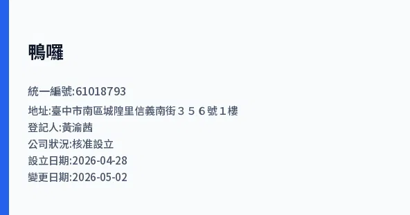 鴨囉的照片-統編 61018793(臺中市) 公司登記資料與營業項目詳細圖表
