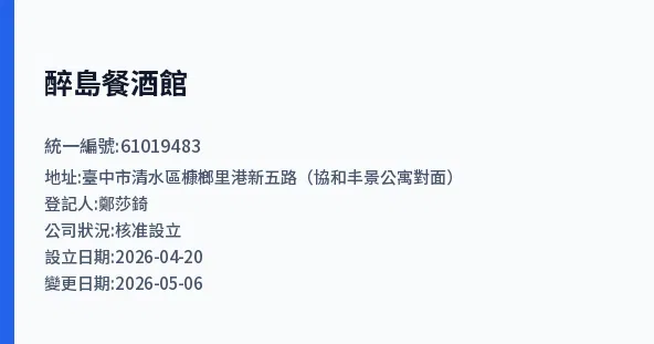 醉島餐酒館的照片-統編 61019483(臺中市) 公司登記資料與營業項目詳細圖表