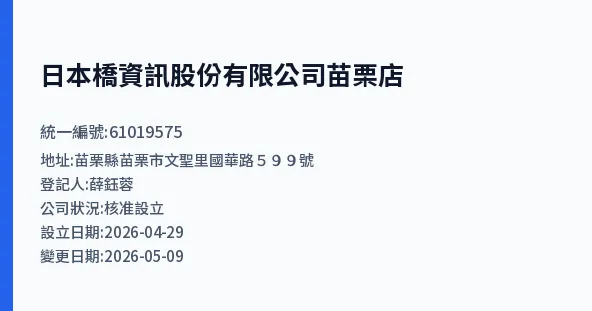 日本橋資訊股份有限公司苗栗店的照片-統編 61019575(苗栗縣) 公司登記資料與營業項目詳細圖表