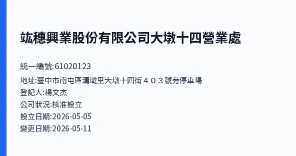 竑穗興業股份有限公司大墩十四營業處的照片-統編 61020123(臺中市) 公司登記資料與營業項目詳細圖表