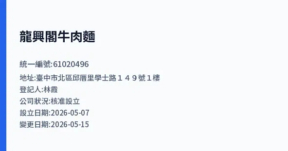 龍興閣牛肉麵的照片-統編 61020496(臺中市) 公司登記資料與營業項目詳細圖表