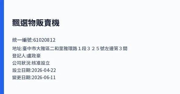 飄選物販賣機的照片-統編 61020812 公司登記資料與營業項目詳細圖表