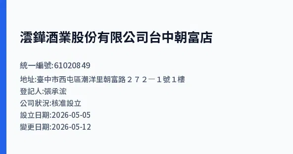 澐鏵酒業股份有限公司台中朝富店的照片-統編 61020849(臺中市) 公司登記資料與營業項目詳細圖表