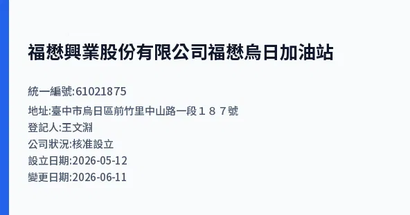 福懋興業股份有限公司福懋烏日加油站的照片-統編 61021875(臺中市) 公司登記資料與營業項目詳細圖表