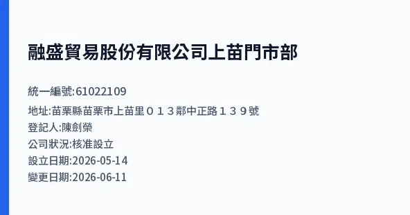 融盛貿易股份有限公司上苗門市部的照片-統編 61022109(苗栗縣) 公司登記資料與營業項目詳細圖表